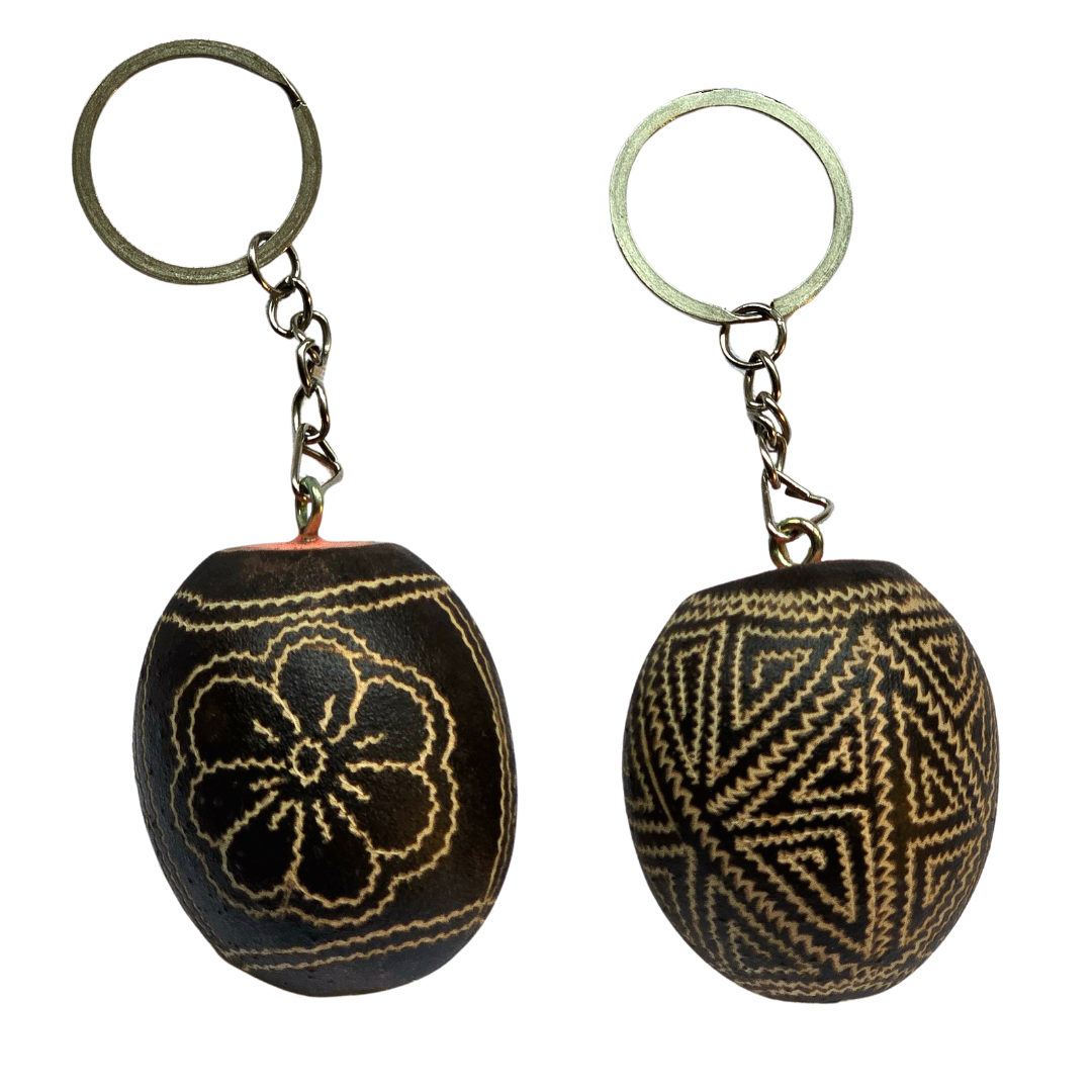 Shipibo design calabash pod keychains - made by artisan from the Peruv
