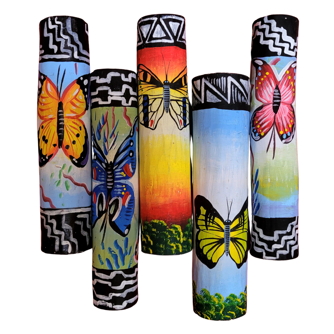Rainsticks with wildlife and Kukama designs from the Peruvian Amazon ...